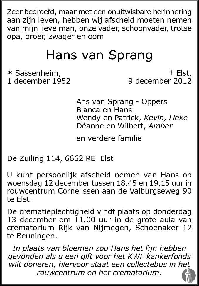 Hans van Sprang 09-12-2012 overlijdensbericht en condoleances ...