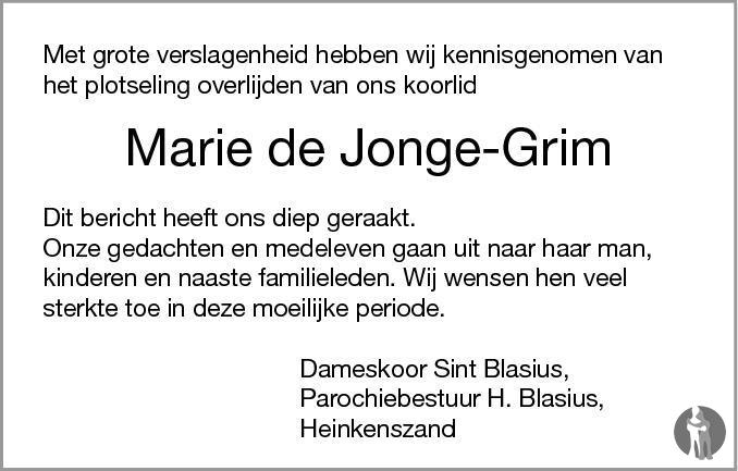 Marie de Jonge - Grim 13-08-2013 overlijdensbericht en condoleances ...