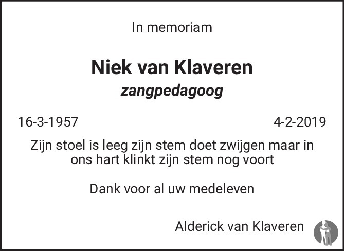 Niek van Klaveren 04-02-2019 overlijdensbericht en condoleances - Mensenlinq.nl