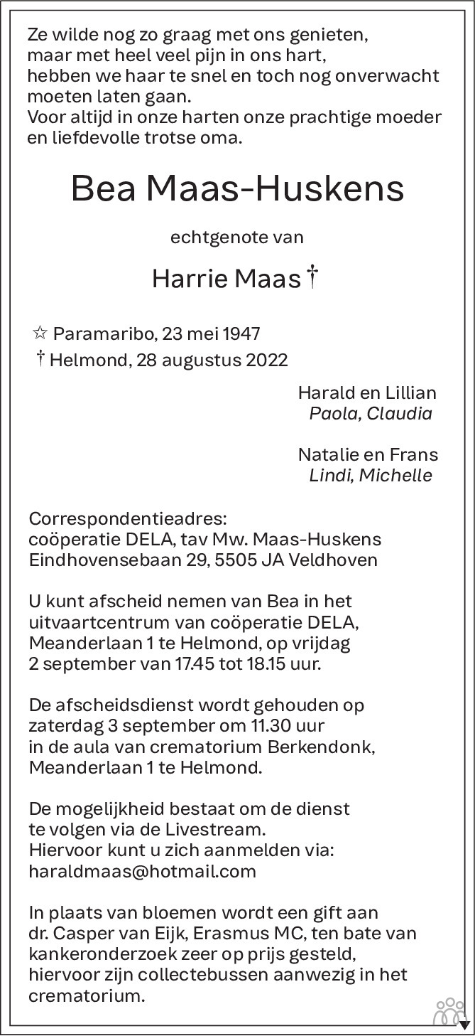 Bea Maas-Huskens 28-08-2022 overlijdensbericht en condoleances ...
