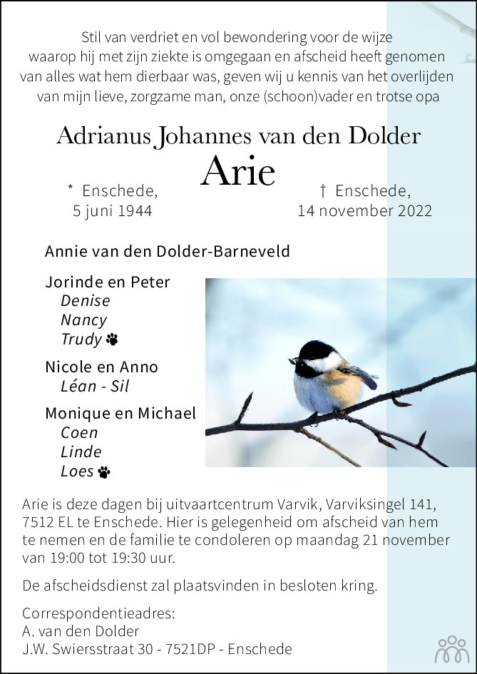 Arie (Adrianus Johannes) van den Dolder 14-11-2022 overlijdensbericht ...