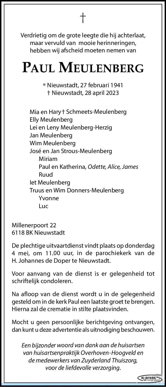 Paul Meulenberg 28-04-2023 overlijdensbericht en condoleances ...