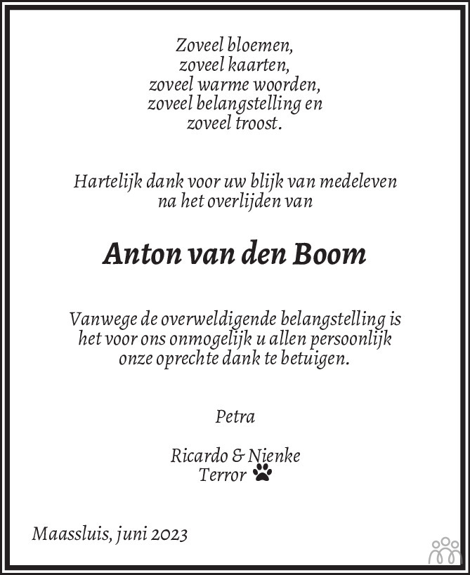 Anton van den Boom 01-06-2023 overlijdensbericht en condoleances ...