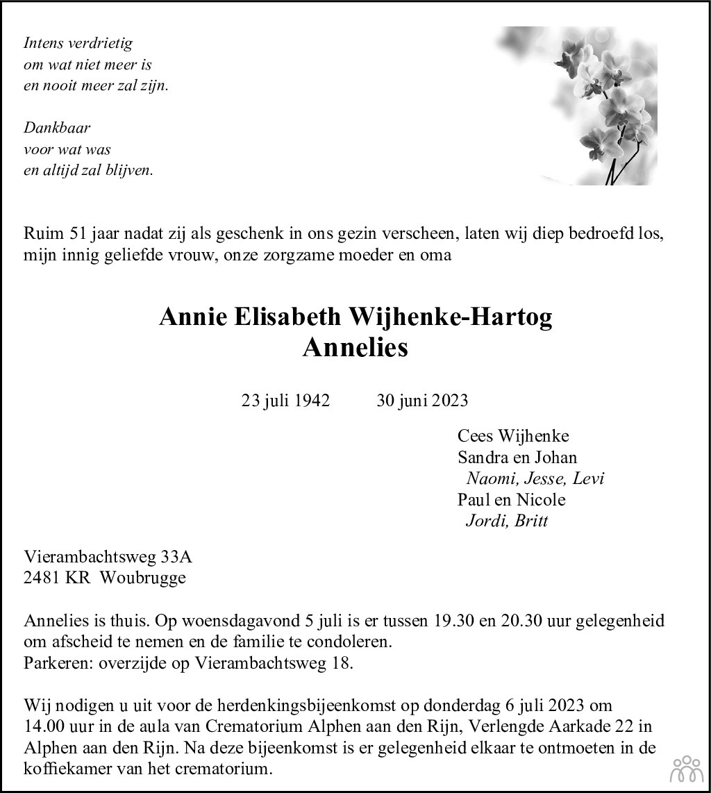 Annie Elisabeth (Annelies) Wijhenke-Hartog 30-06-2023 ...