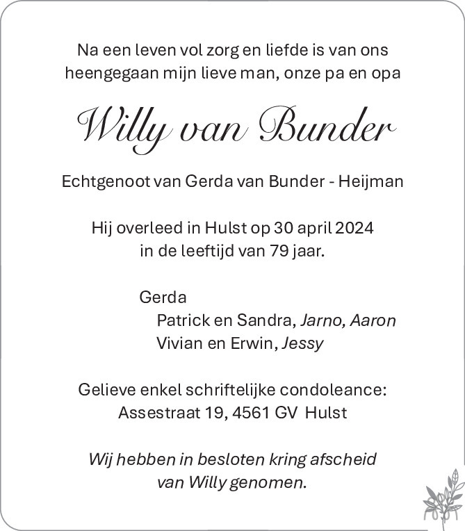 Willy van Bunder 30-04-2024 overlijdensbericht en condoleances ...