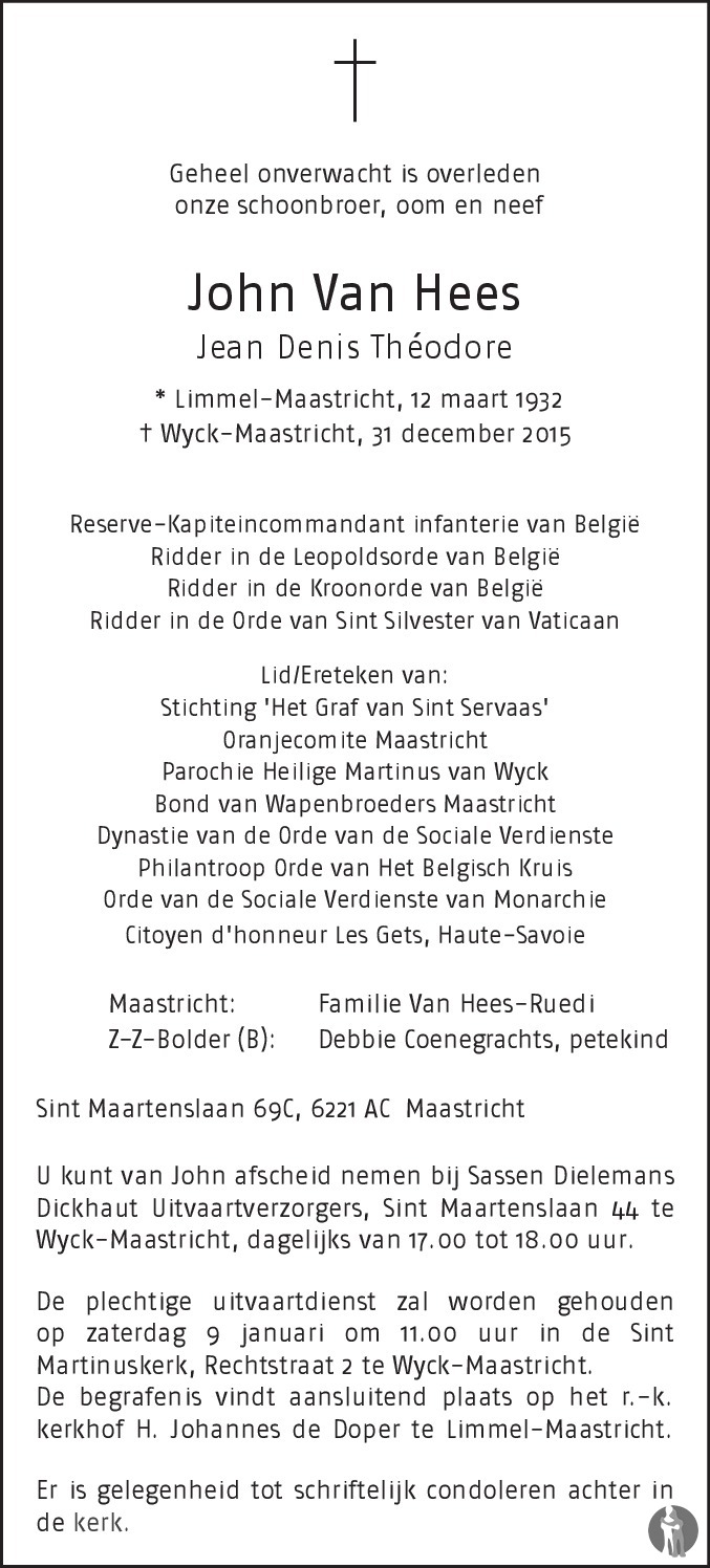 Jean Denis Théodore (John) Van Hees 31-12-2015 overlijdensbericht en ...
