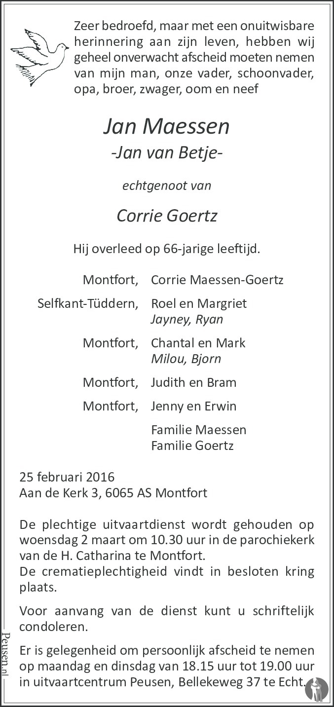 Jan (Jan van Betje) Maessen 25-02-2016 overlijdensbericht en ...
