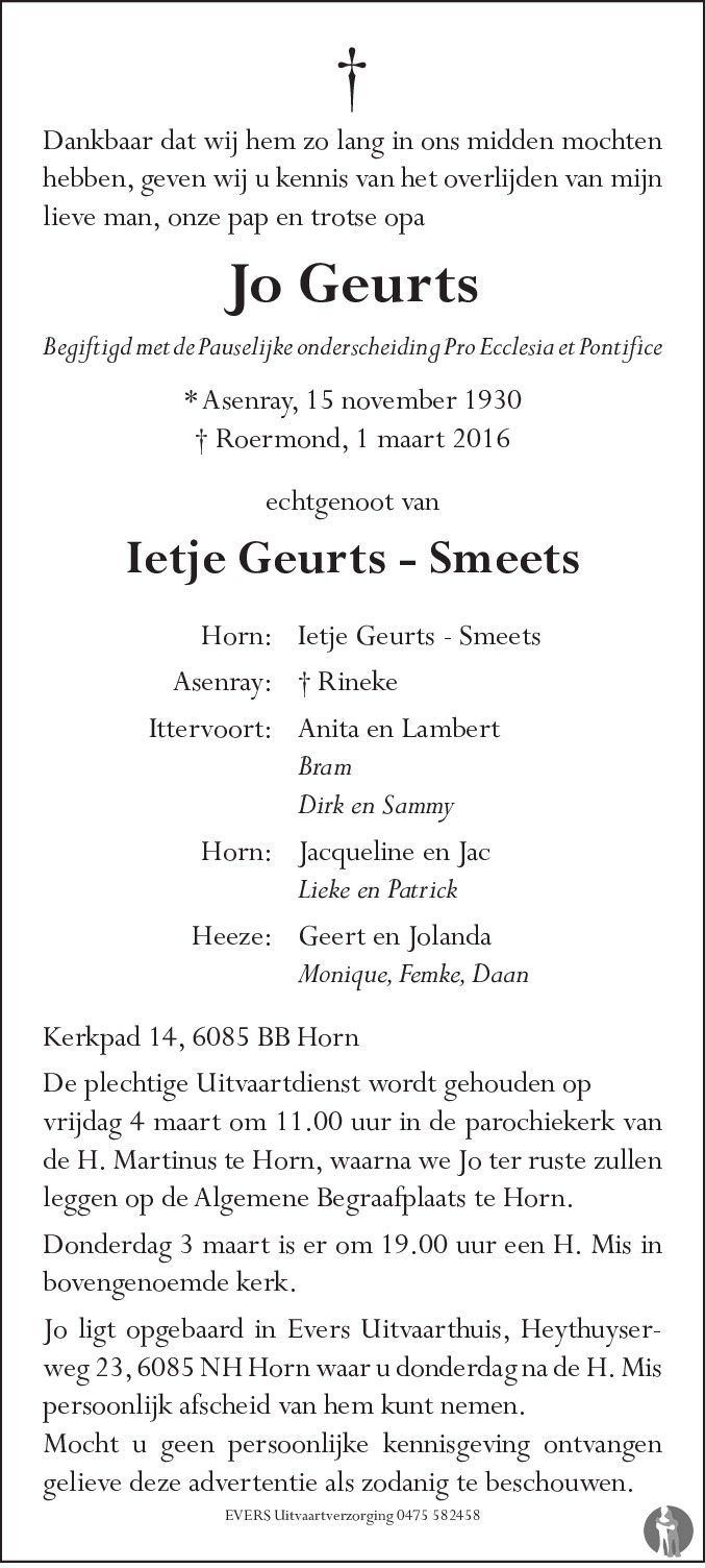 Jo Geurts 01-03-2016 overlijdensbericht en condoleances - Mensenlinq.nl