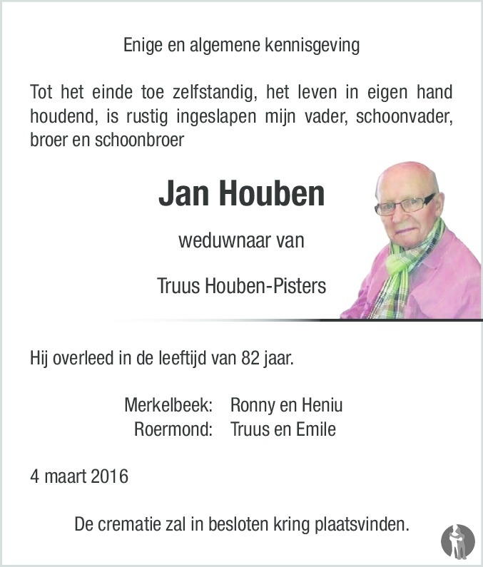 Jan Houben 04-03-2016 overlijdensbericht en condoleances - Mensenlinq.nl
