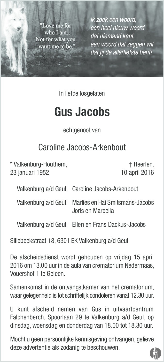 Gus Jacobs 10-04-2016 overlijdensbericht en condoleances - Mensenlinq.nl