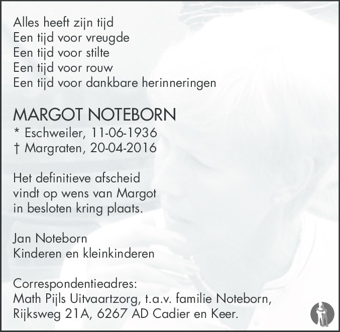 Margot Noteborn 20-04-2016 overlijdensbericht en condoleances ...