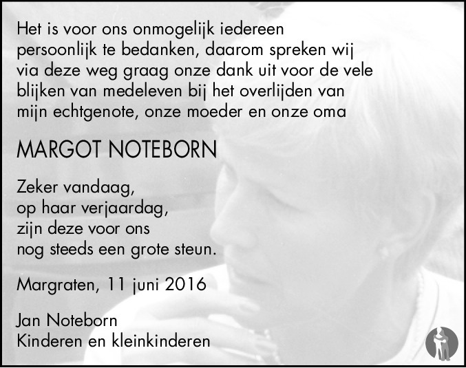 Margot Noteborn 20-04-2016 overlijdensbericht en condoleances ...