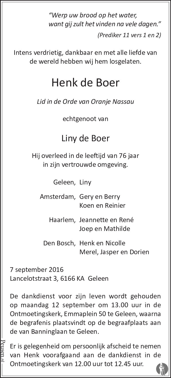 Henk de Boer 07-09-2016 overlijdensbericht en condoleances - Mensenlinq.nl