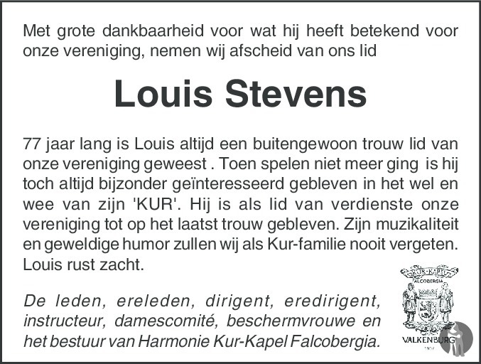 Louis Stevens 05-10-2016 overlijdensbericht en condoleances - Mensenlinq.nl