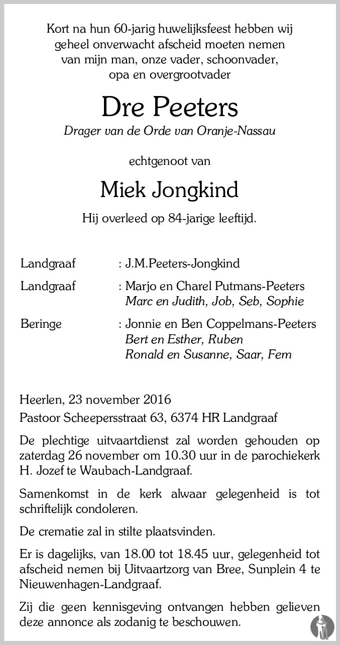 Dre Peeters 23-11-2016 overlijdensbericht en condoleances - Mensenlinq.nl
