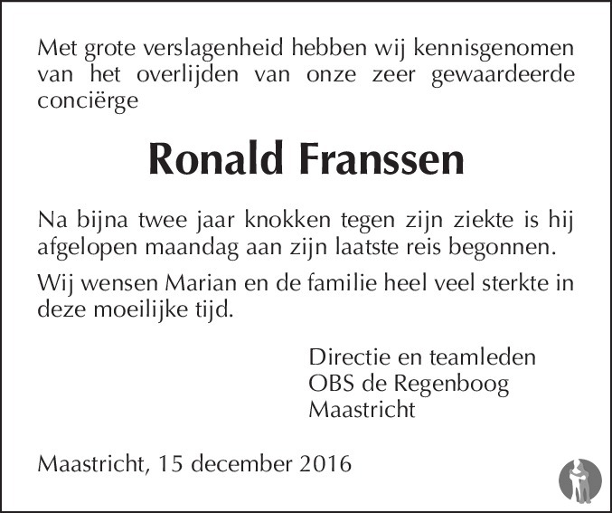 Ronald Franssen 14-12-2016 overlijdensbericht en condoleances ...