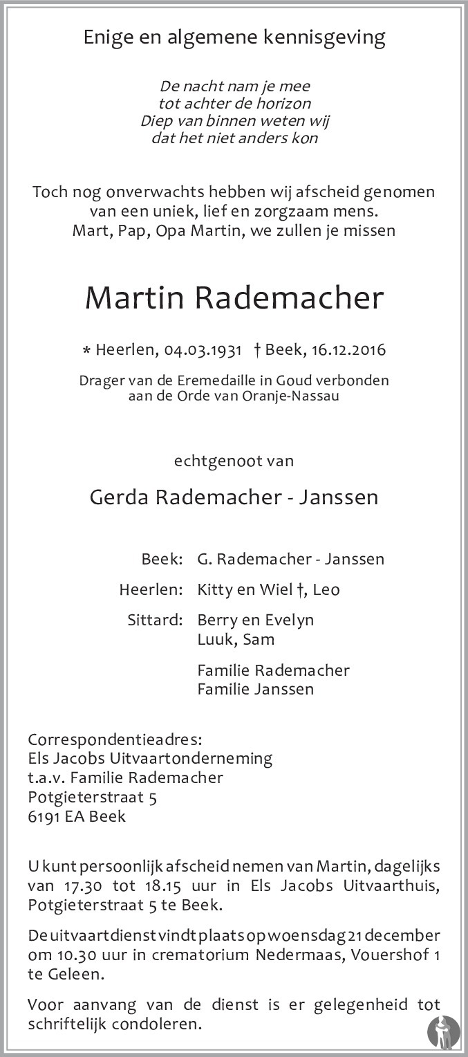 Martin Rademacher 16-12-2016 overlijdensbericht en condoleances ...