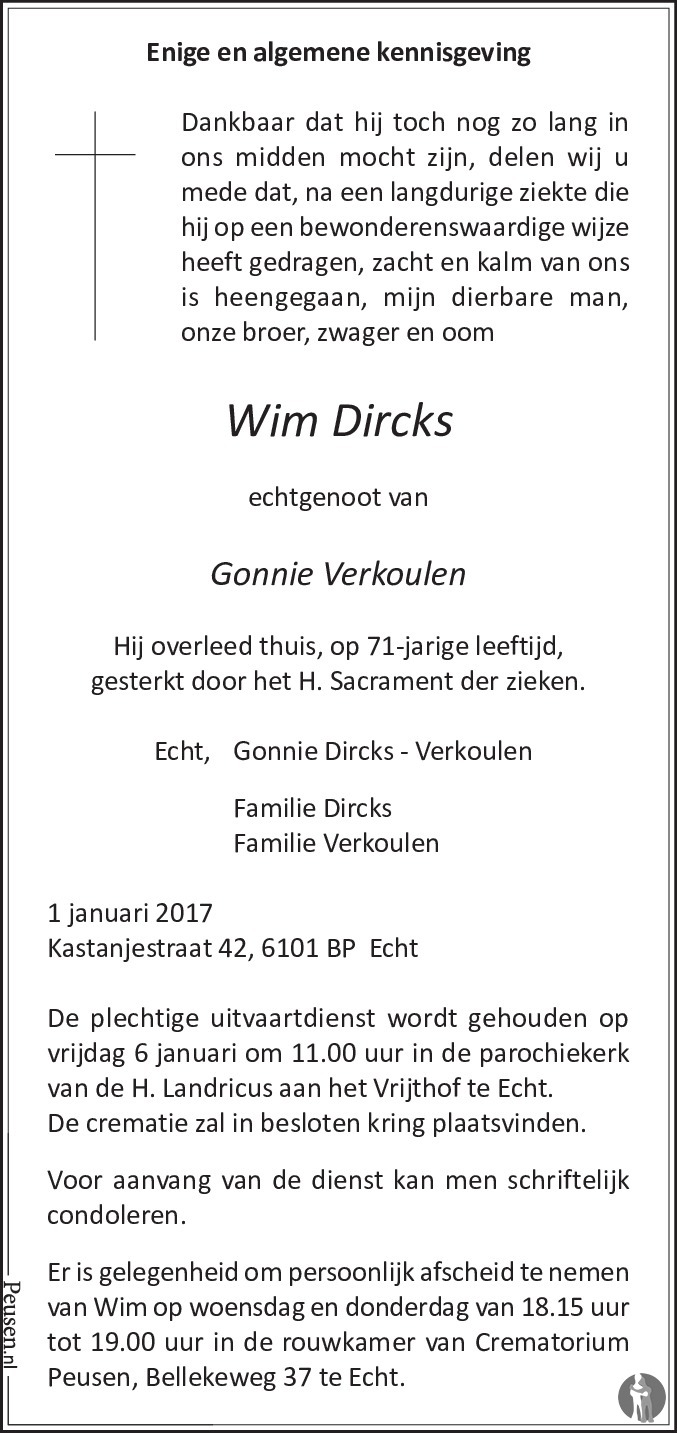 Wim Dircks 01-01-2017 overlijdensbericht en condoleances - Mensenlinq.nl