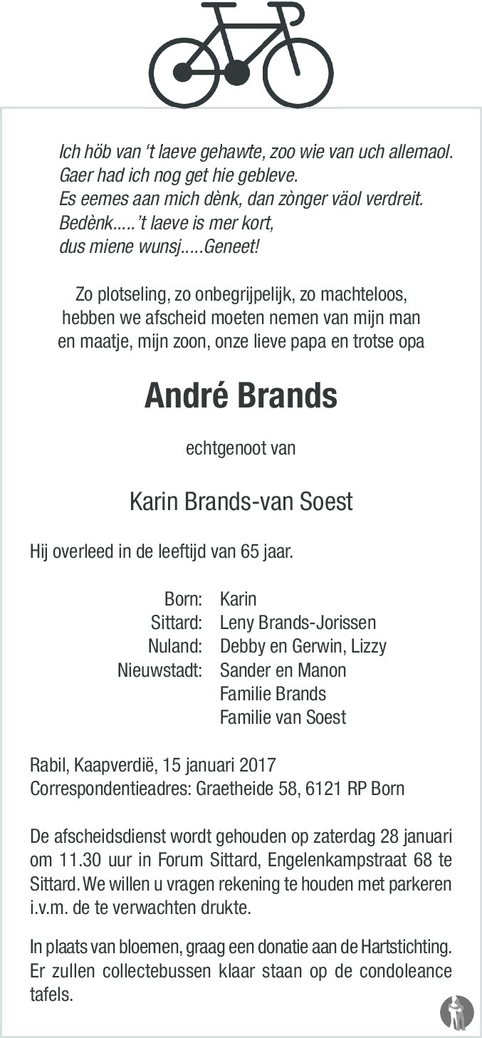 André Brands 15-01-2017 overlijdensbericht en condoleances - Mensenlinq.nl