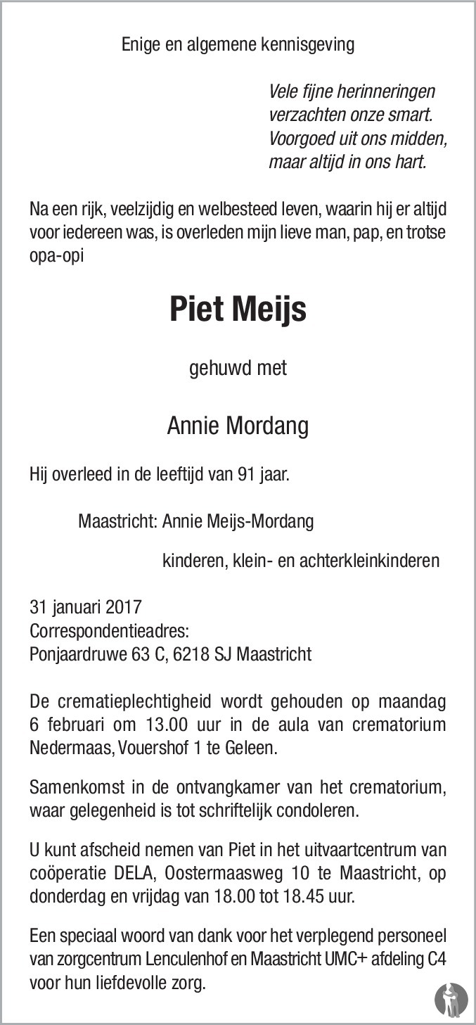 Piet Meijs 31-01-2017 overlijdensbericht en condoleances - Mensenlinq.nl