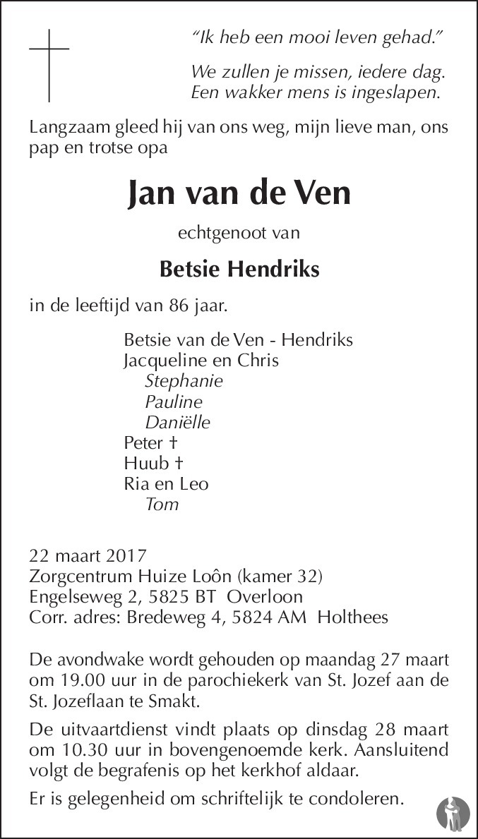 Jan van de Ven 22-03-2017 overlijdensbericht en condoleances ...