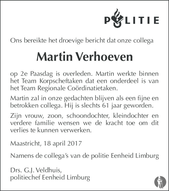 Martin Verhoeven 17-04-2017 overlijdensbericht en condoleances ...
