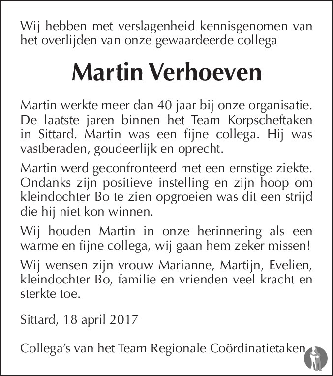 Martin Verhoeven 17-04-2017 overlijdensbericht en condoleances ...