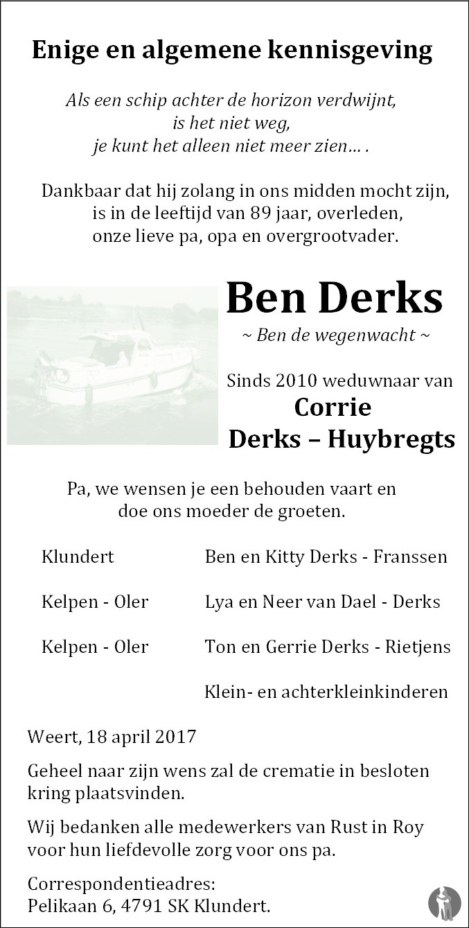Ben Derks 18-04-2017 overlijdensbericht en condoleances - Mensenlinq.nl