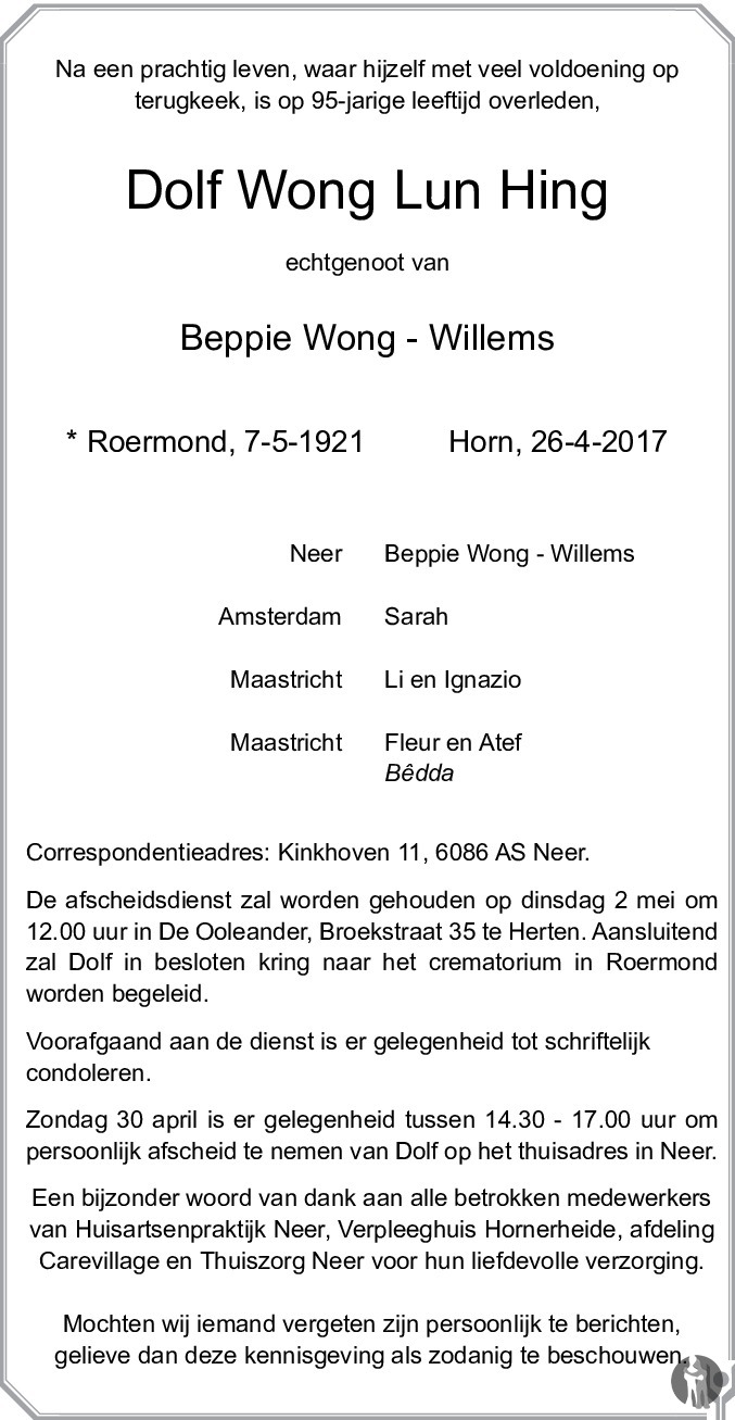 Dolf Wong Lun Hing 26-04-2017 overlijdensbericht en condoleances ...