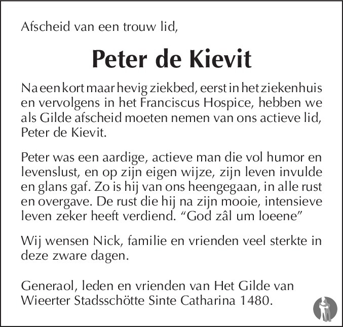 Peter de Kievit 12-05-2017 overlijdensbericht en condoleances ...