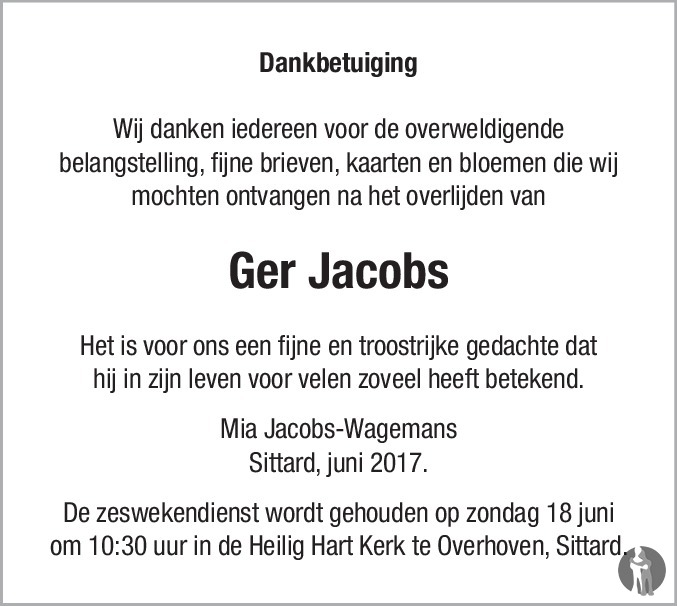 Ger Jacobs 26-04-2017 overlijdensbericht en condoleances - Mensenlinq.nl