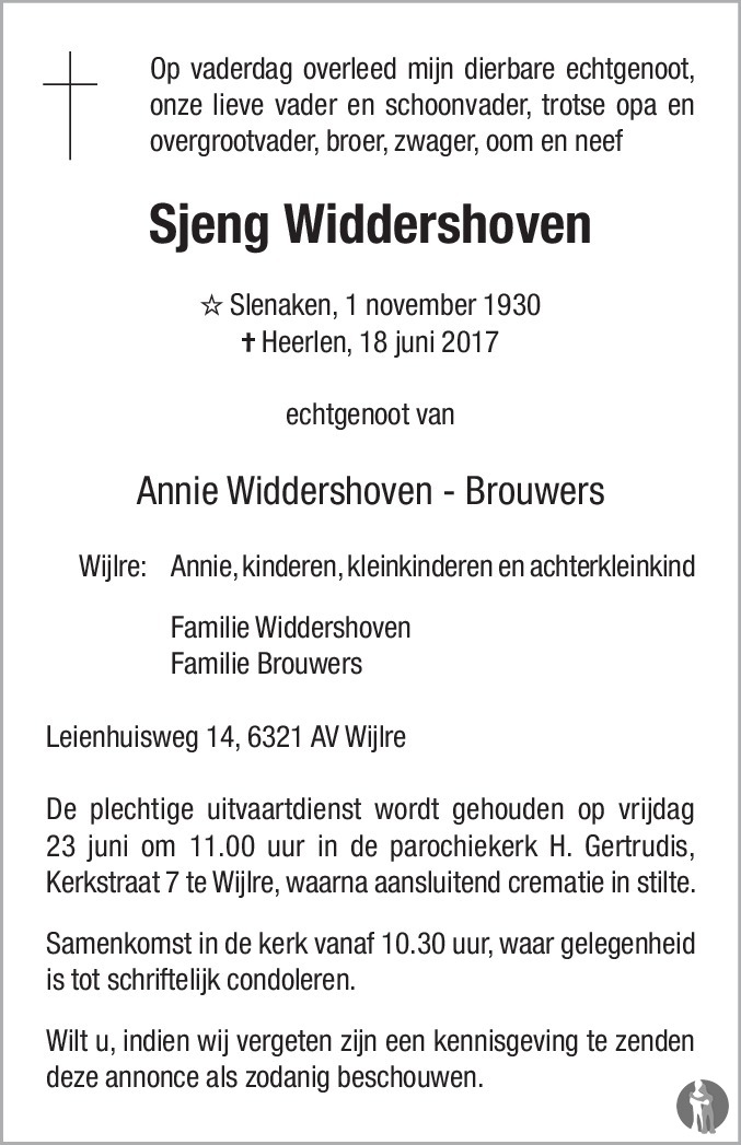 Sjeng Widdershoven 18-06-2017 overlijdensbericht en condoleances - Mensenlinq.nl