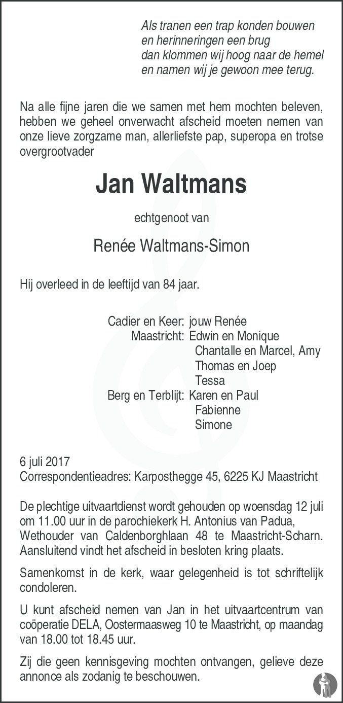 Jan Waltmans 06-07-2017 overlijdensbericht en condoleances - Mensenlinq.nl