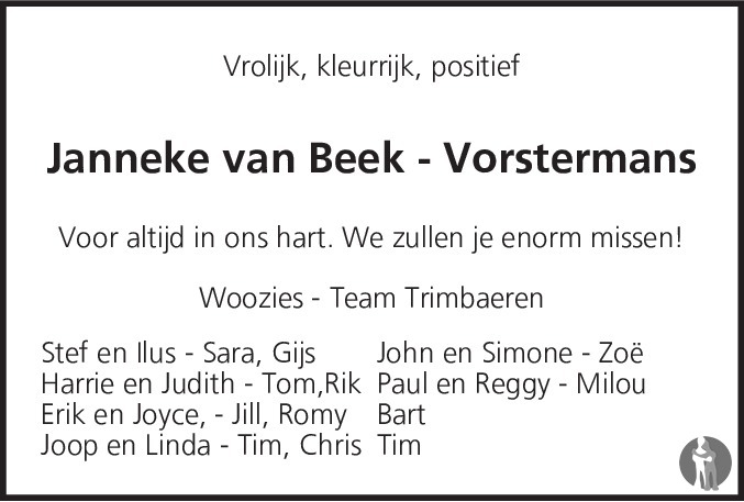 Janneke van Beek - Vorstermans 07-07-2017 overlijdensbericht en condoleances - Mensenlinq.nl