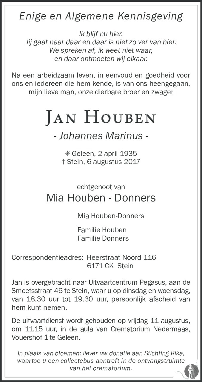 Johannes Marinus (Jan) Houben 06-08-2017 overlijdensbericht en ...