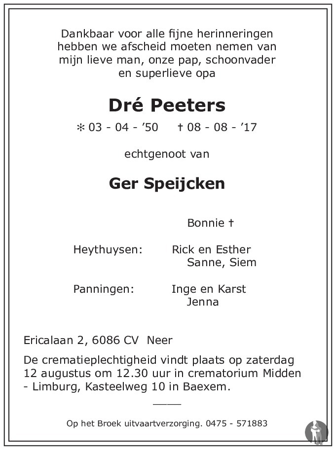 Dré Peeters 08-08-2017 overlijdensbericht en condoleances - Mensenlinq.nl