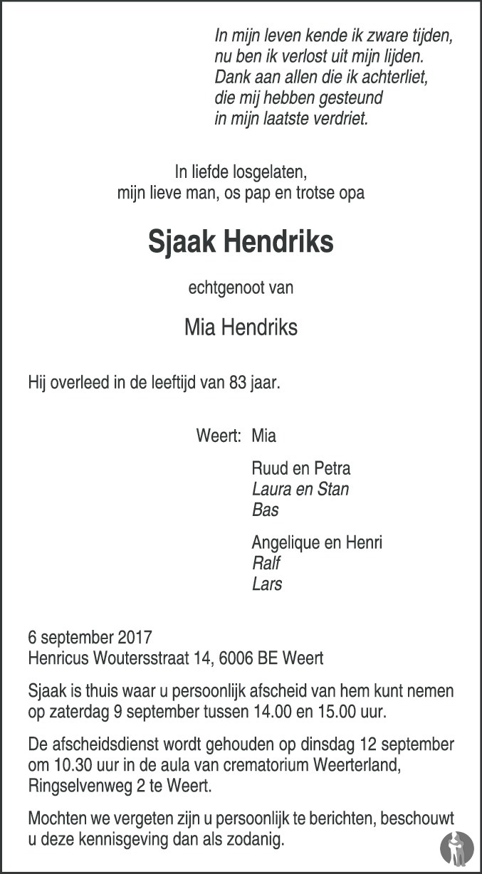 Sjaak Hendriks 06-09-2017 overlijdensbericht en condoleances - Mensenlinq.nl