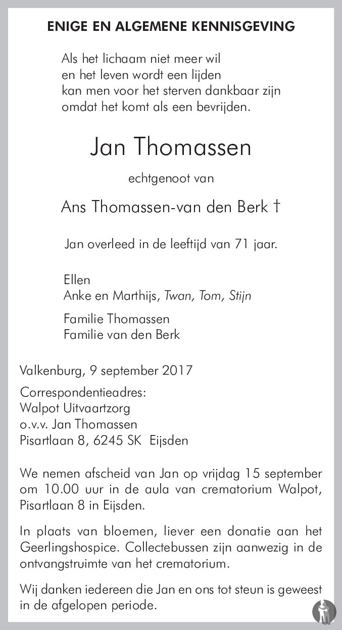 Jan Thomassen 09-09-2017 overlijdensbericht en condoleances - Mensenlinq.nl