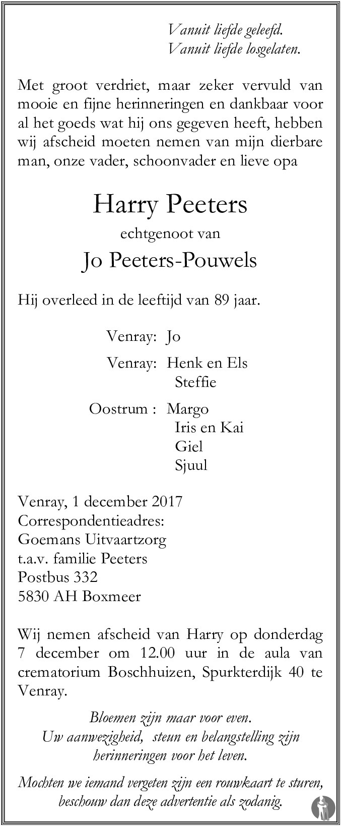 Harry Peeters 01-12-2017 overlijdensbericht en condoleances - Mensenlinq.nl