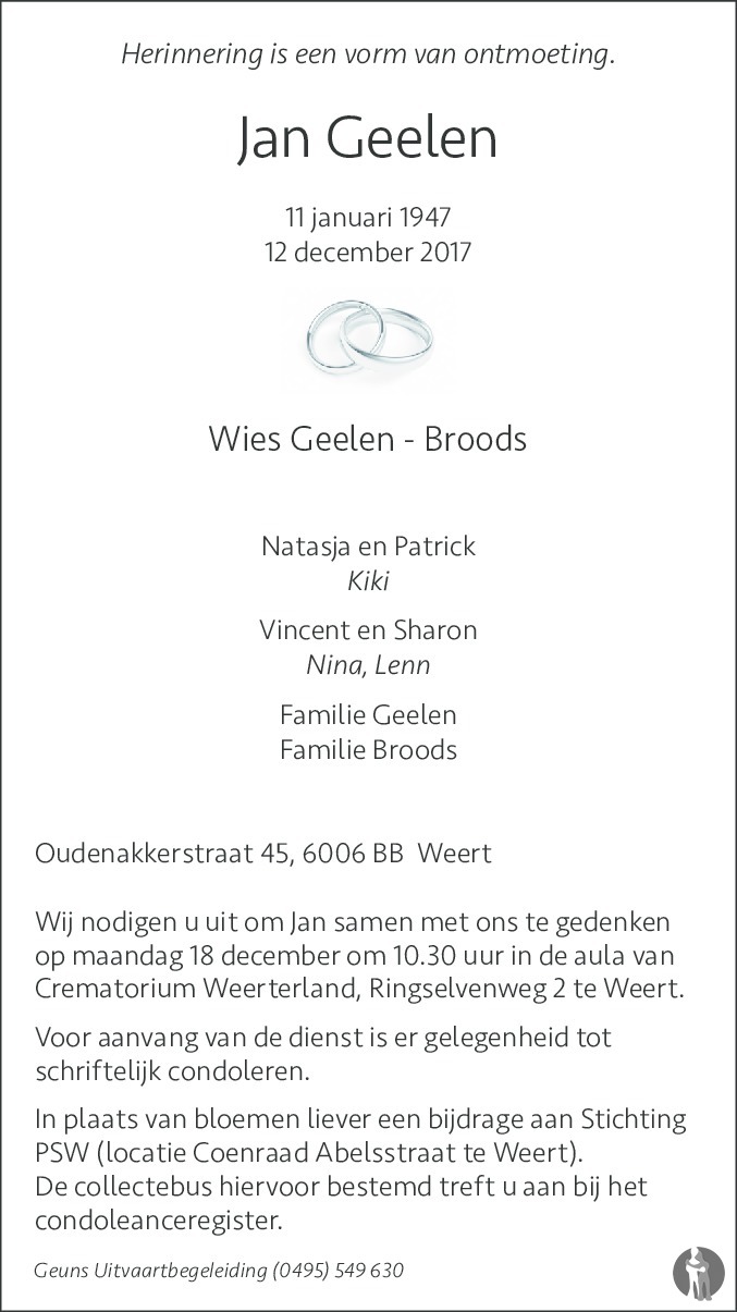 Jan Geelen 12-12-2017 overlijdensbericht en condoleances - Mensenlinq.nl