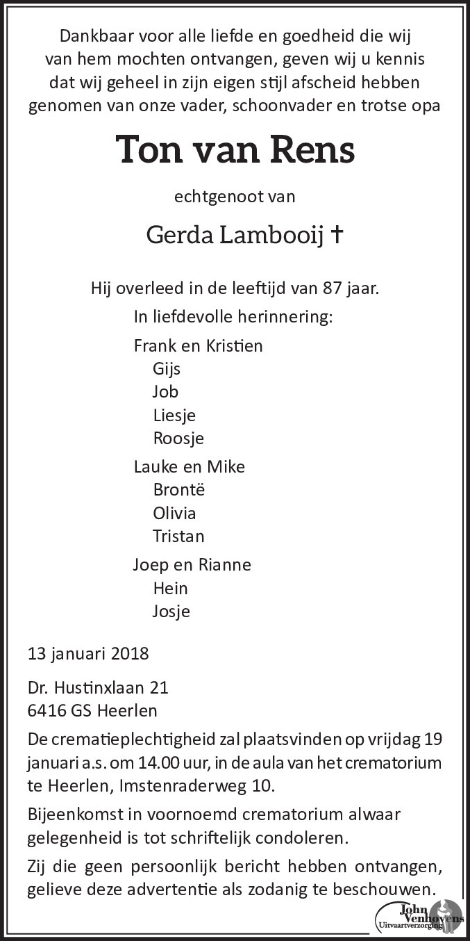 Ton van Rens 13-01-2018 overlijdensbericht en condoleances - Mensenlinq.nl