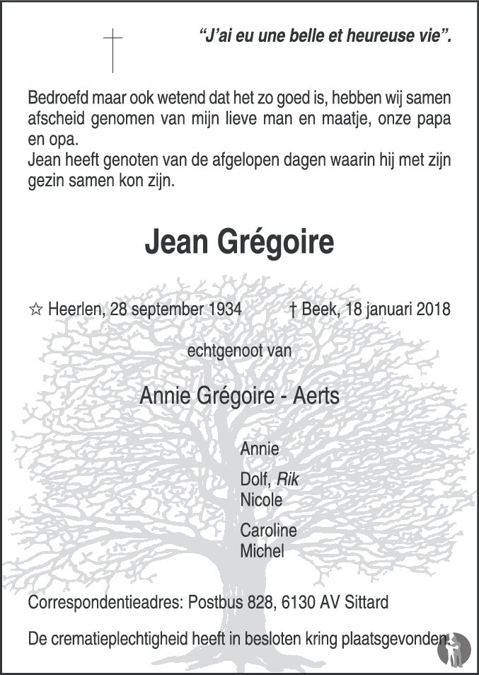 Jean Grégoire 18-01-2018 overlijdensbericht en condoleances - Mensenlinq.nl