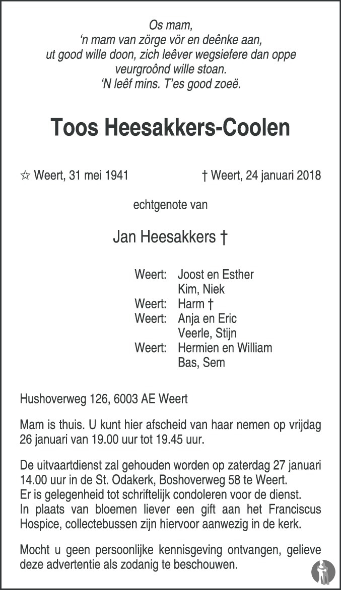 Toos Heesakkers - Coolen 24-01-2018 overlijdensbericht en condoleances ...