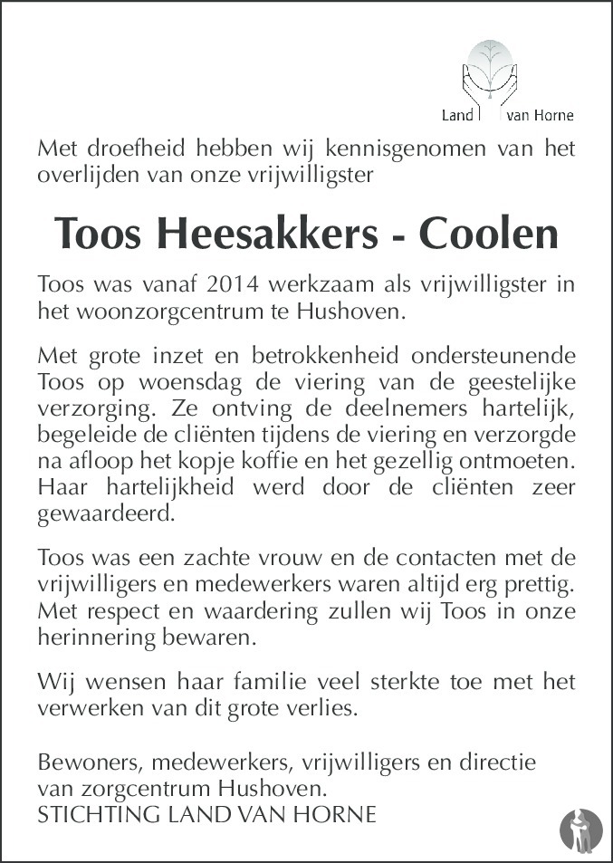 Toos Heesakkers - Coolen 24-01-2018 overlijdensbericht en condoleances ...