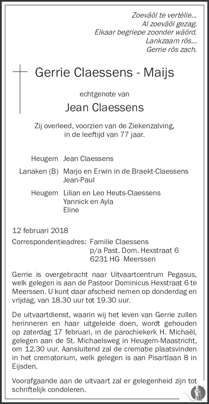 Gerrie Claessens - Maijs 12-02-2018 overlijdensbericht en condoleances ...