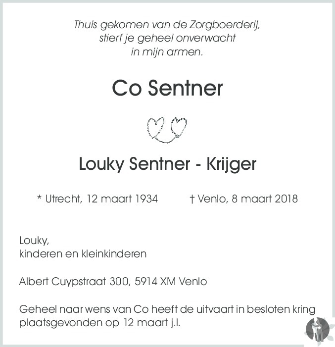 Co Sentner 08-03-2018 overlijdensbericht en condoleances - Mensenlinq.nl