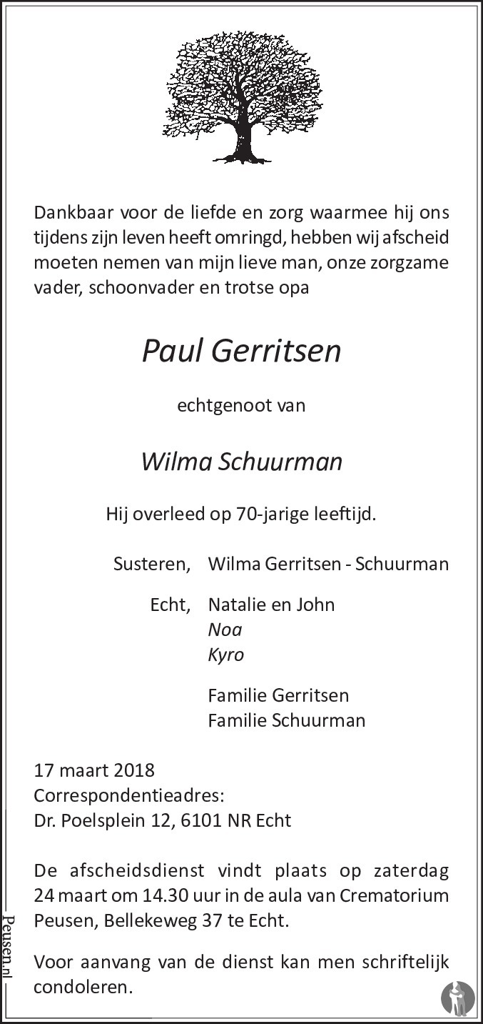Paul Gerritsen 17-03-2018 overlijdensbericht en condoleances ...