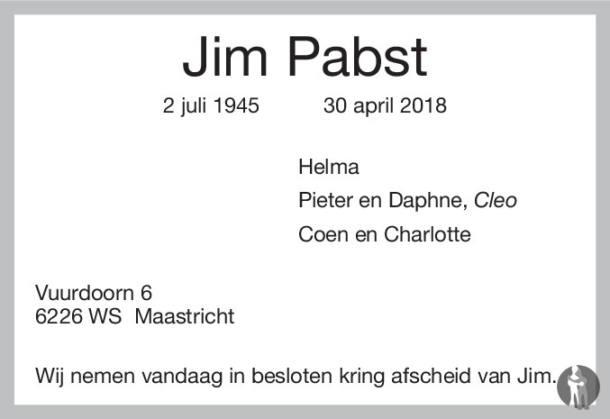 Jim Pabst 30-04-2018 overlijdensbericht en condoleances - Mensenlinq.nl