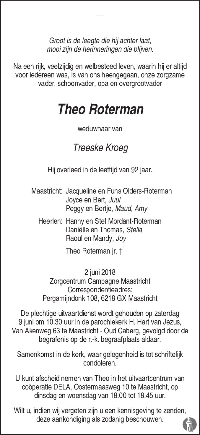 Theo Roterman 02-06-2018 overlijdensbericht en condoleances - Mensenlinq.nl