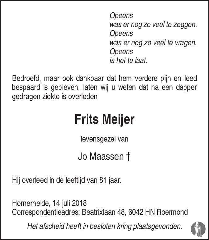 Frits Meijer 14-07-2018 overlijdensbericht en condoleances - Mensenlinq.nl